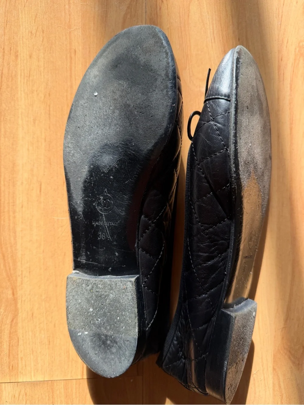 Shoes | Chanel Quilted Black Leather Ballet Flats With Logo Cap Toe ...